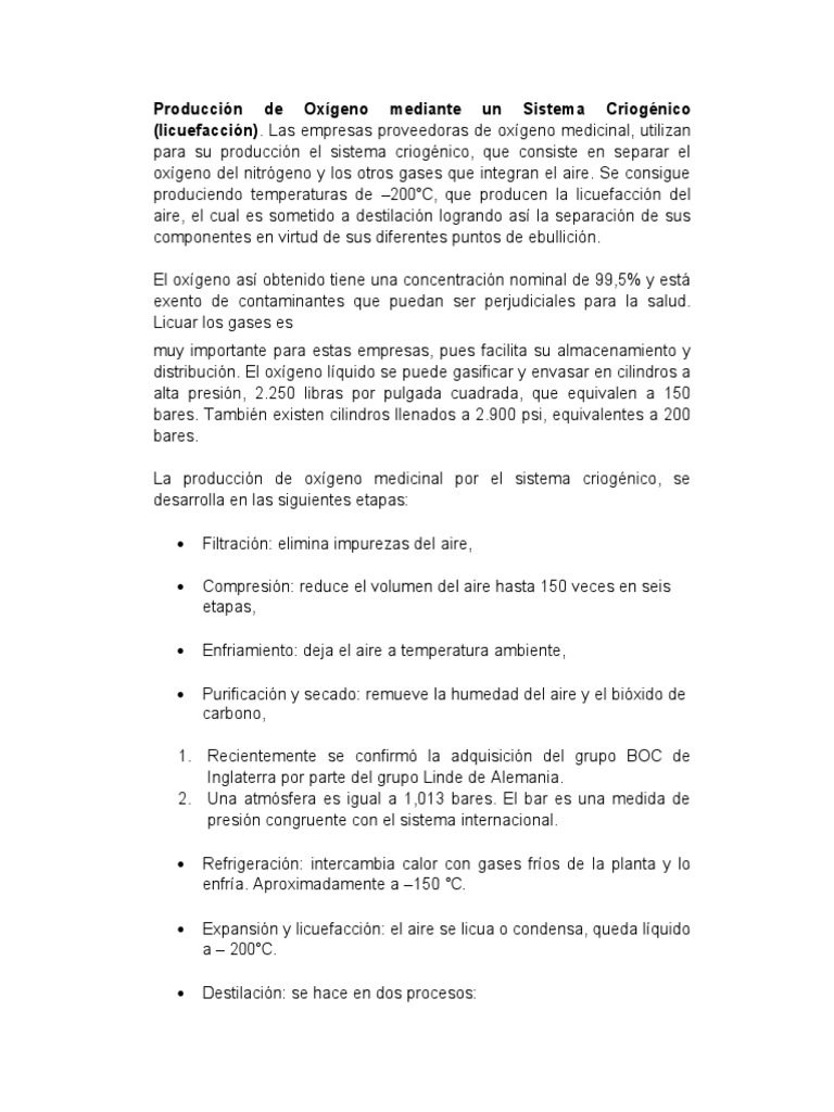 Producción de Oxígeno Mediante Un Sistema Criogénico | PDF ...