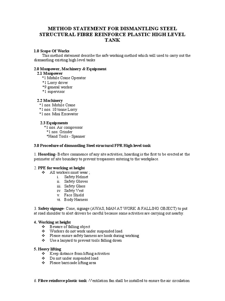 Method Statement For HLT Dismantling Work | PDF | Crane (Machine ...