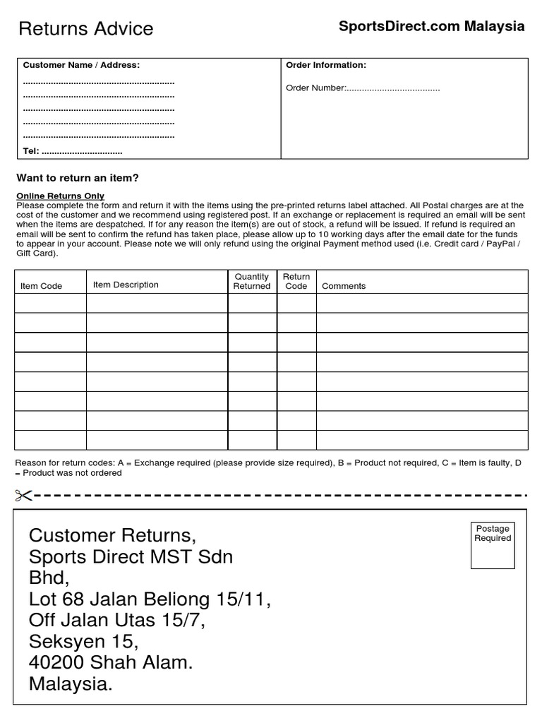 SportsDirect Return Form | PDF | Business | Finance & Money Management