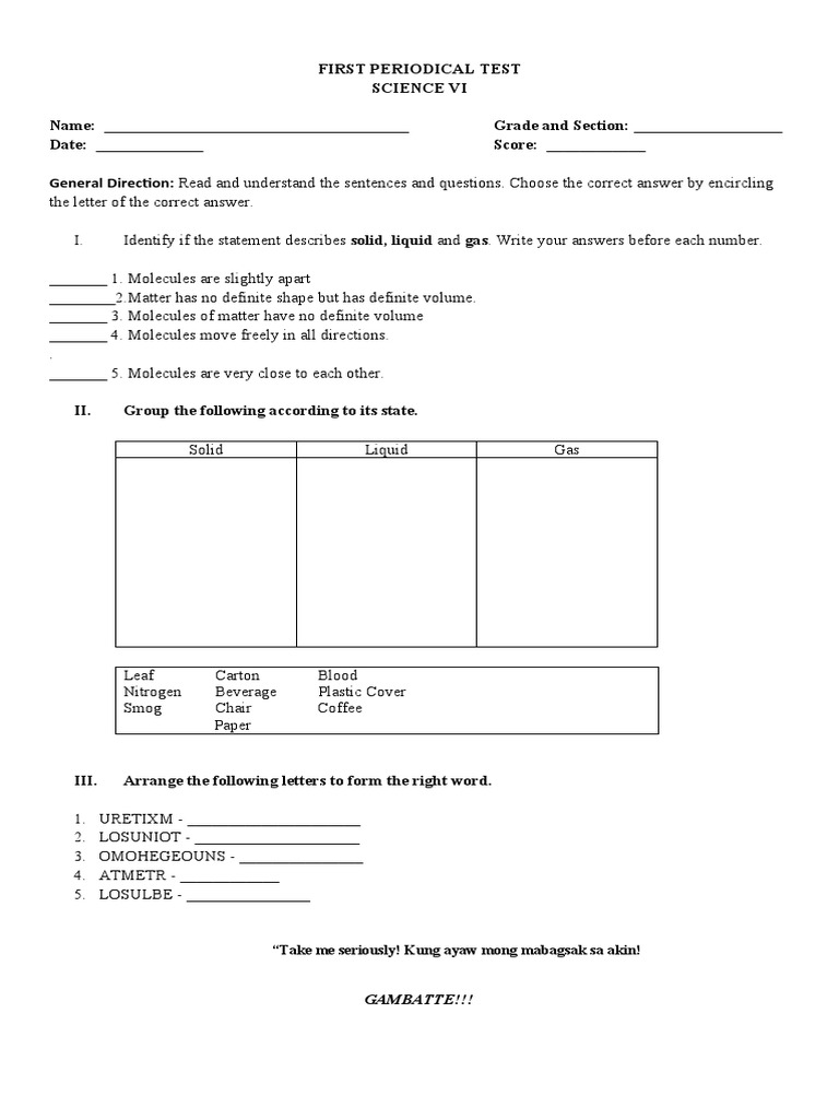 FIRST PERIODICAL TEST Science 6 | PDF | Solution | Mixture