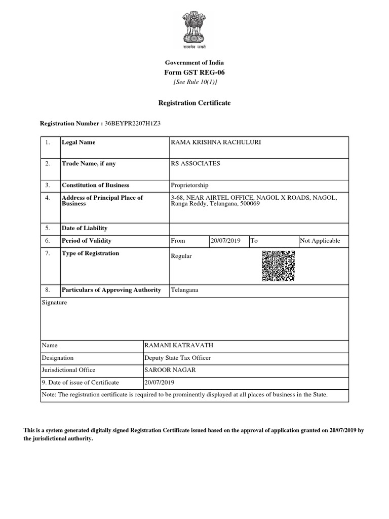 GST Registration Certificate for RS Associates | PDF