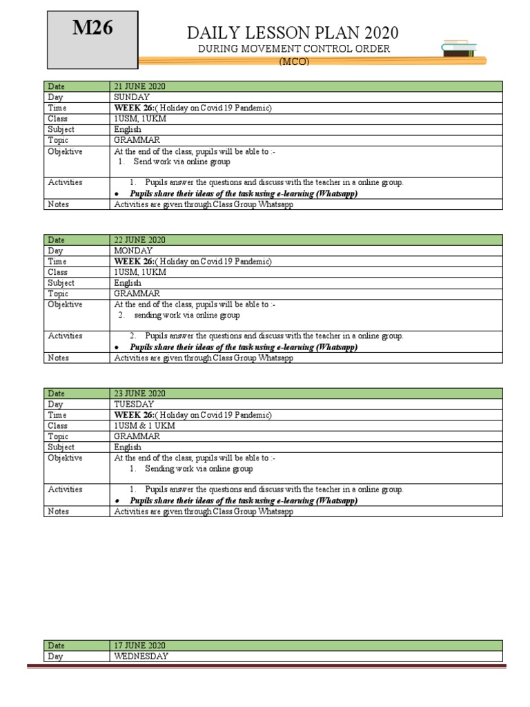 Daily Lesson Plan 2020: During Movement Control Order (MCO) | PDF | Behavior Modification | Pedagogy