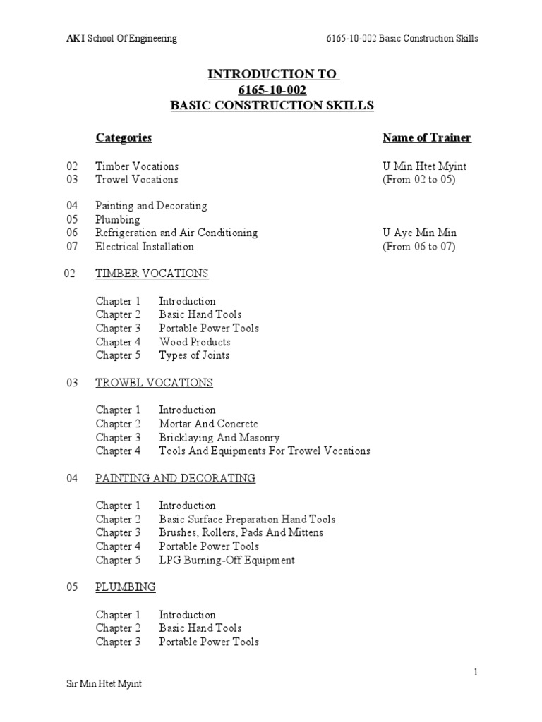 Introduction To 6165-10-002 Basic Construction Skills: Categories Name ...
