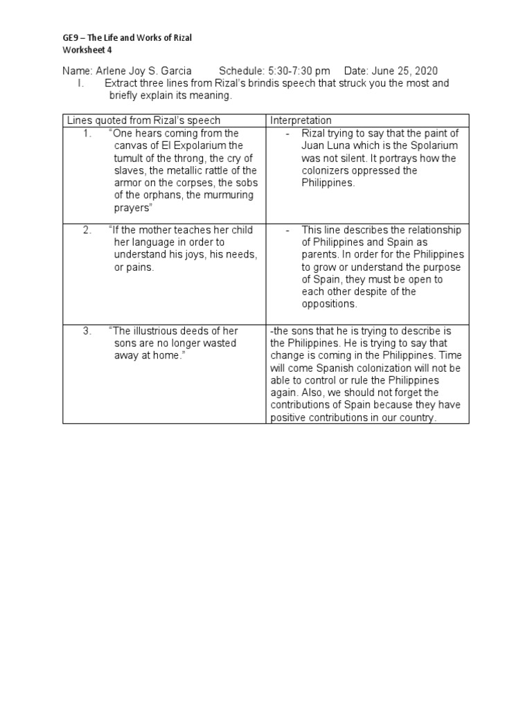 GE9 - The Life and Works of Rizal Worksheet 4 | PDF