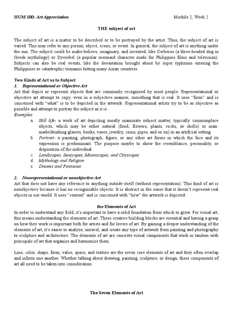Art Appreciation Module 3 The Subjects and Elements of Art | PDF | Composition (Visual Arts) | Shape