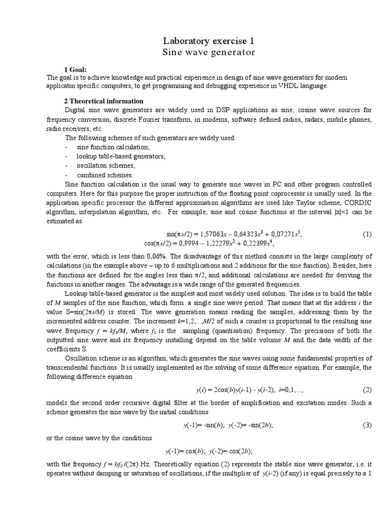 Laboratory Exercise 1 Sine Wave Generator: 1 Goal | PDF | Sine ...