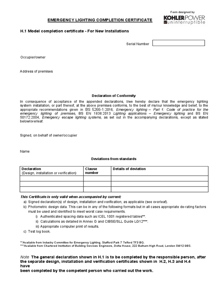 Emergency Lighting Completion Certificate | Download Free PDF ...