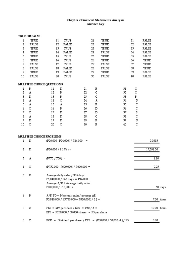 Chapter 2 Financial Statements Analysis Answer Key: True or False | PDF