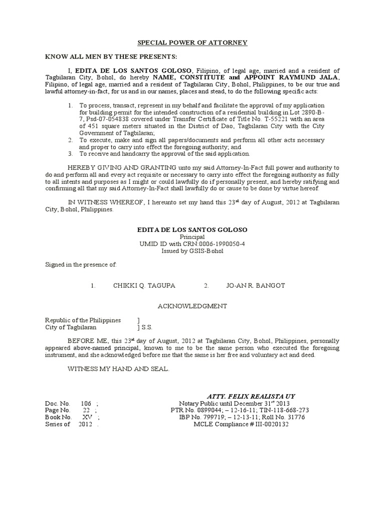 Spa - Apply Building Permit - Goloso | PDF | Power Of Attorney | Civil ...