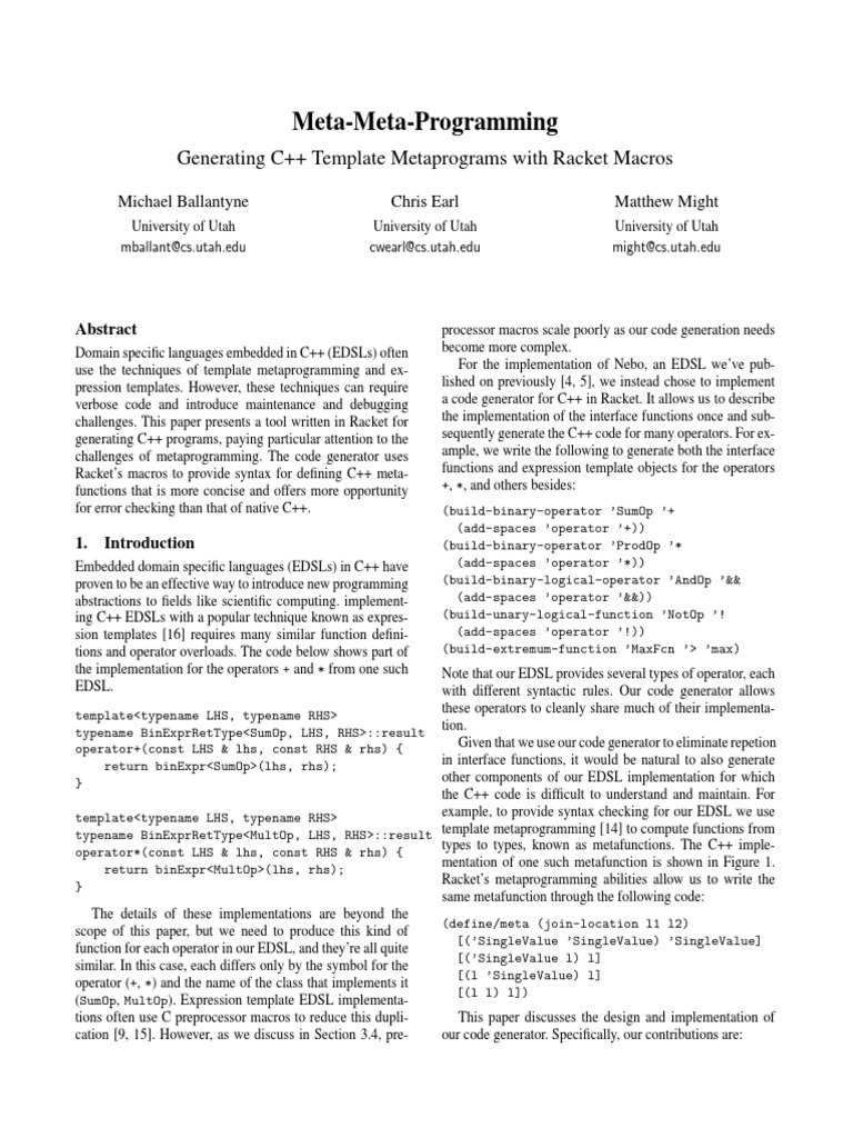 Meta-Meta-Programming: Generating C++ Template Metaprograms With Racket Macros | PDF | C++ ...
