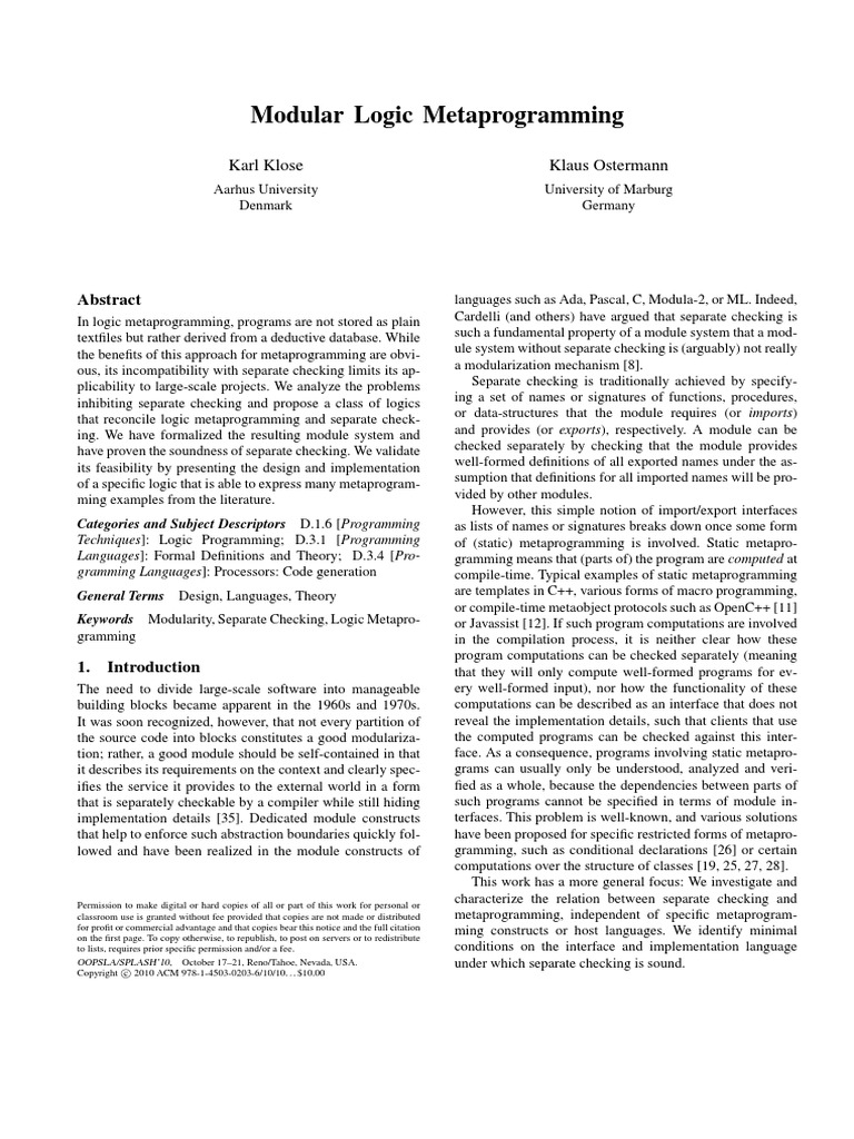 Modular Logic Metaprogramming: Karl Klose Klaus Ostermann | PDF | Class ...
