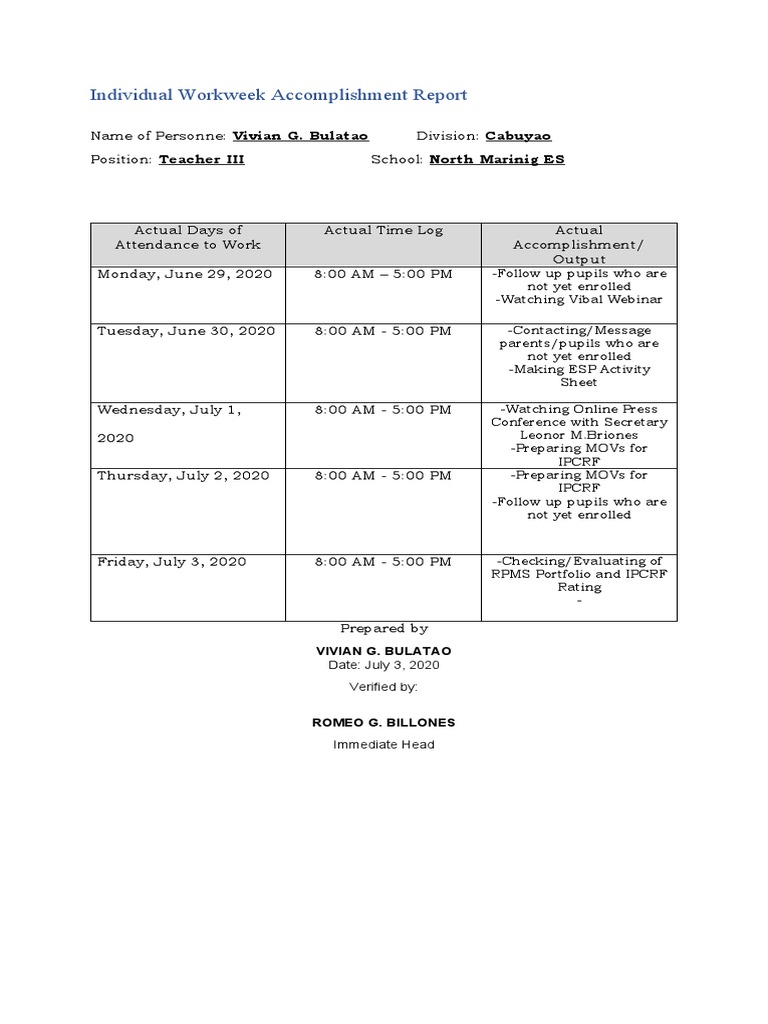 Individual Workweek Accomplishment Report: Vivian G. Bulatao | PDF