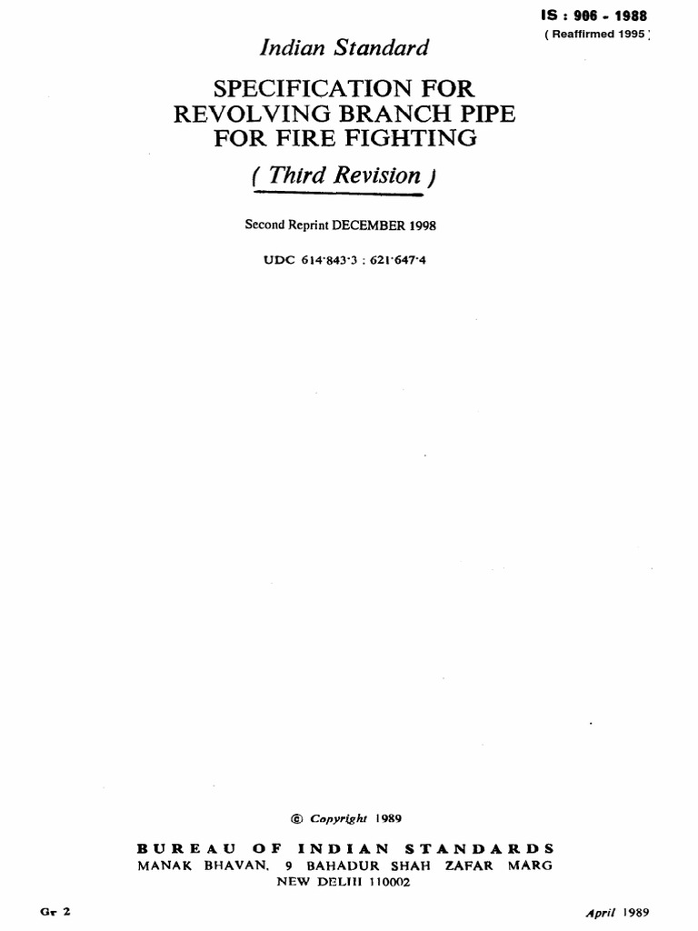 Specification For Revolving Branch Pipe For Fire Fighting | PDF ...