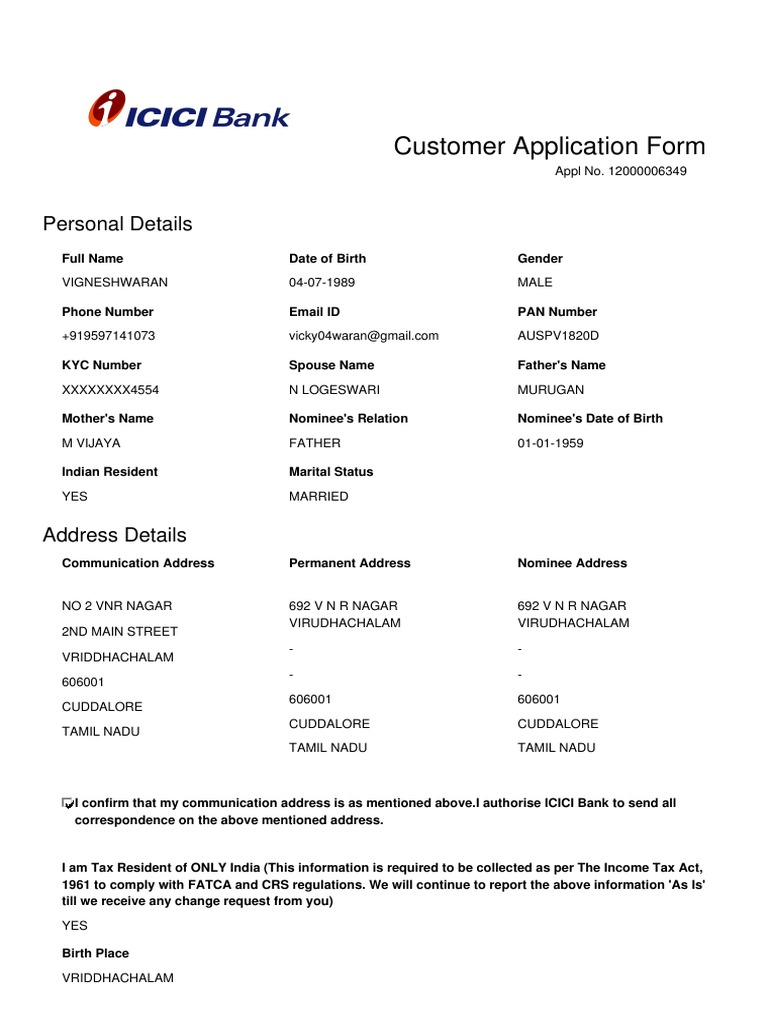 Customer Application Form: Personal Details | PDF | Banks | Debit Card
