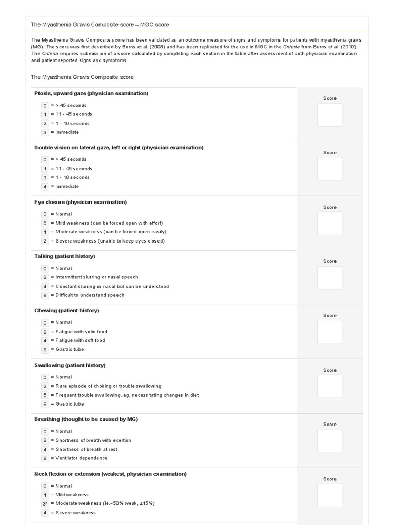 Myasthenia Gravis Composite Score Guide | PDF | Neurology | Clinical ...