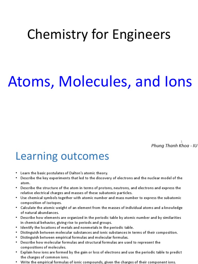 Chemistry For Engineers - Week 2 - Atoms, Molecules and Ions | PDF | Ion | Molecules