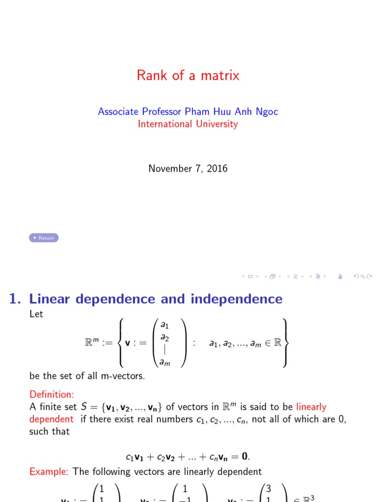 Rank of A Matrix: Associate Professor Pham Huu Anh Ngoc | PDF | System ...