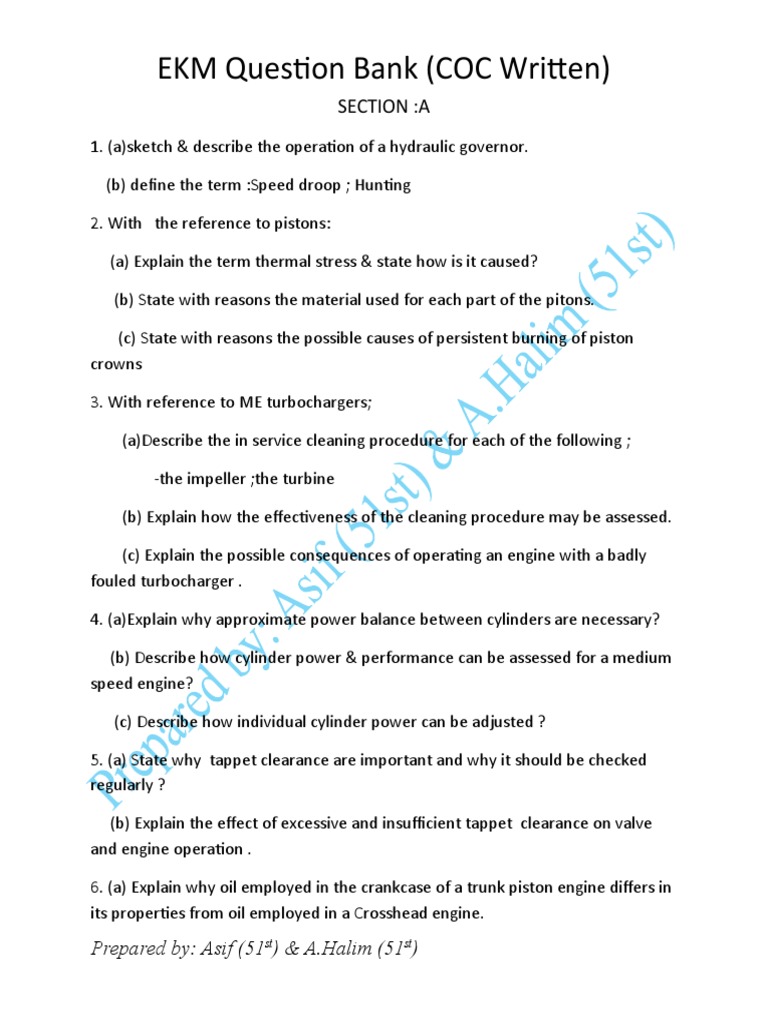 EKM Question Bank (COC Written) - 1 | PDF | Piston | Boiler