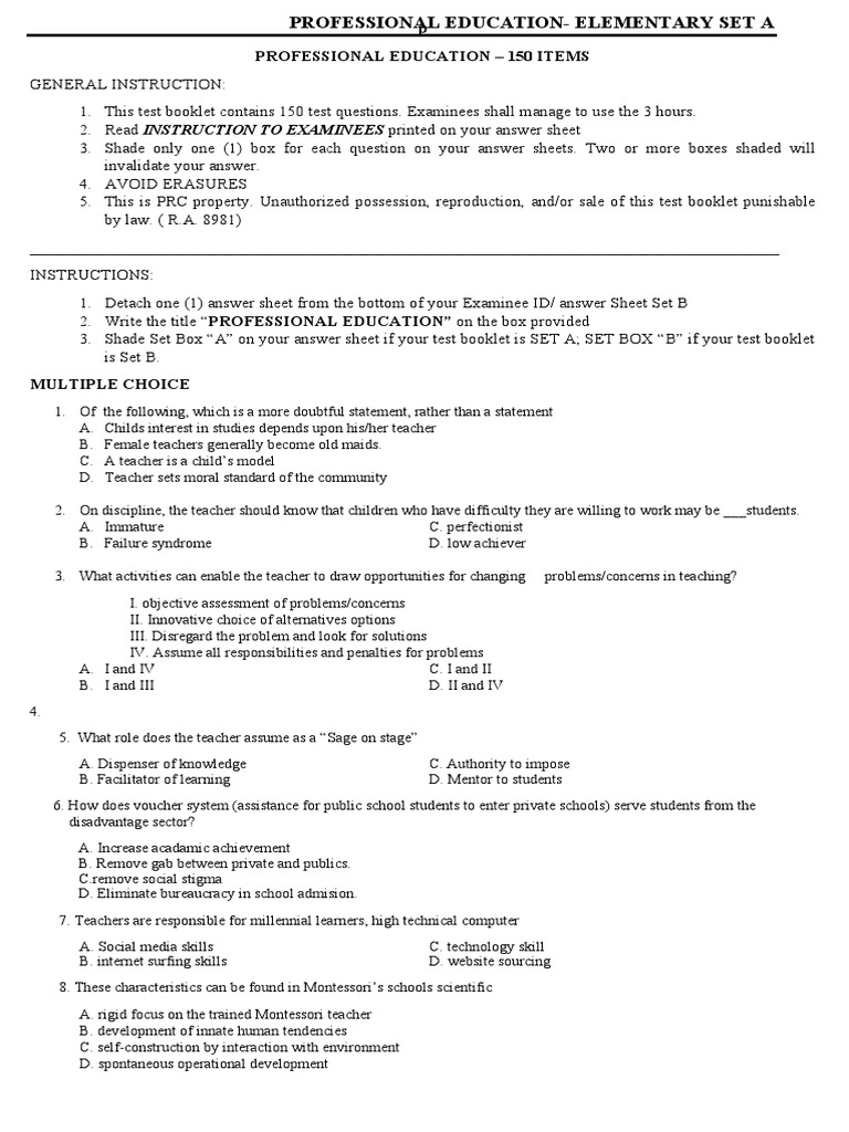 Prof Ed Set A March 20171 | PDF | Teachers | Id