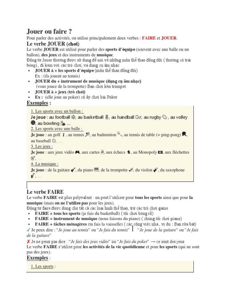 Faire ou jouer : Guide des verbes | PDF