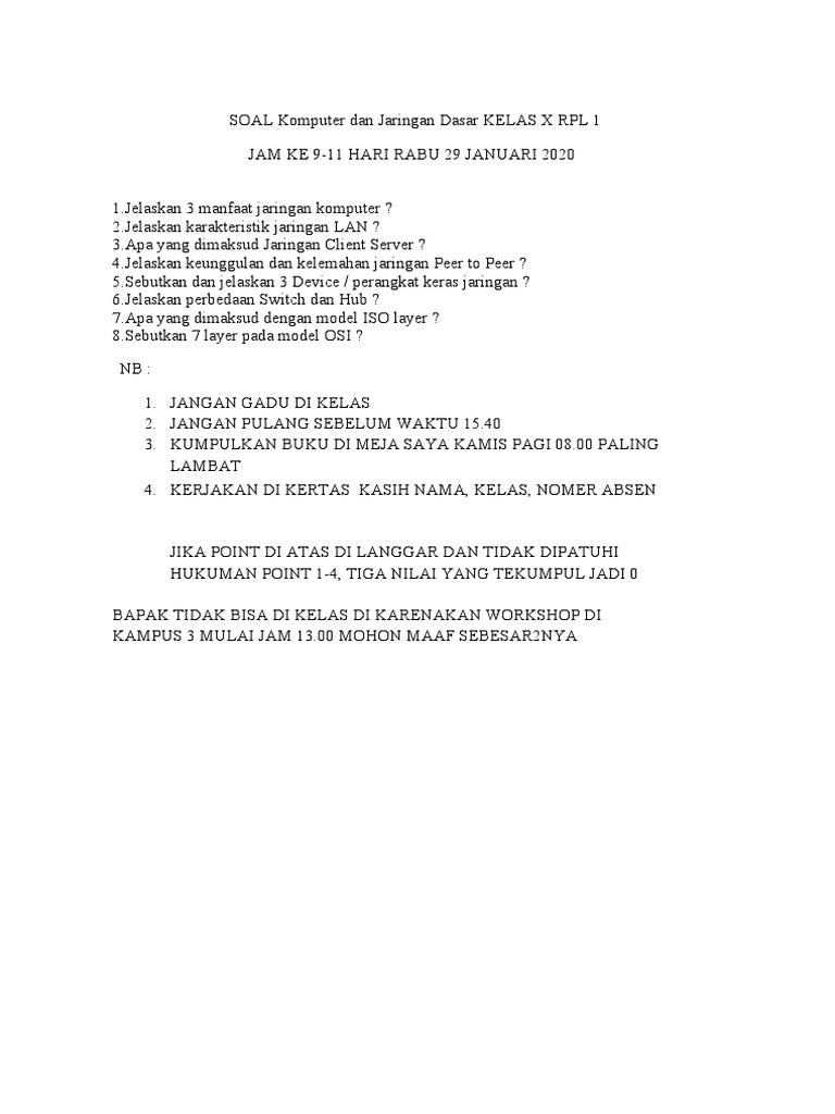 Soal KJD Kelas X RPL 1 Kamis | PDF