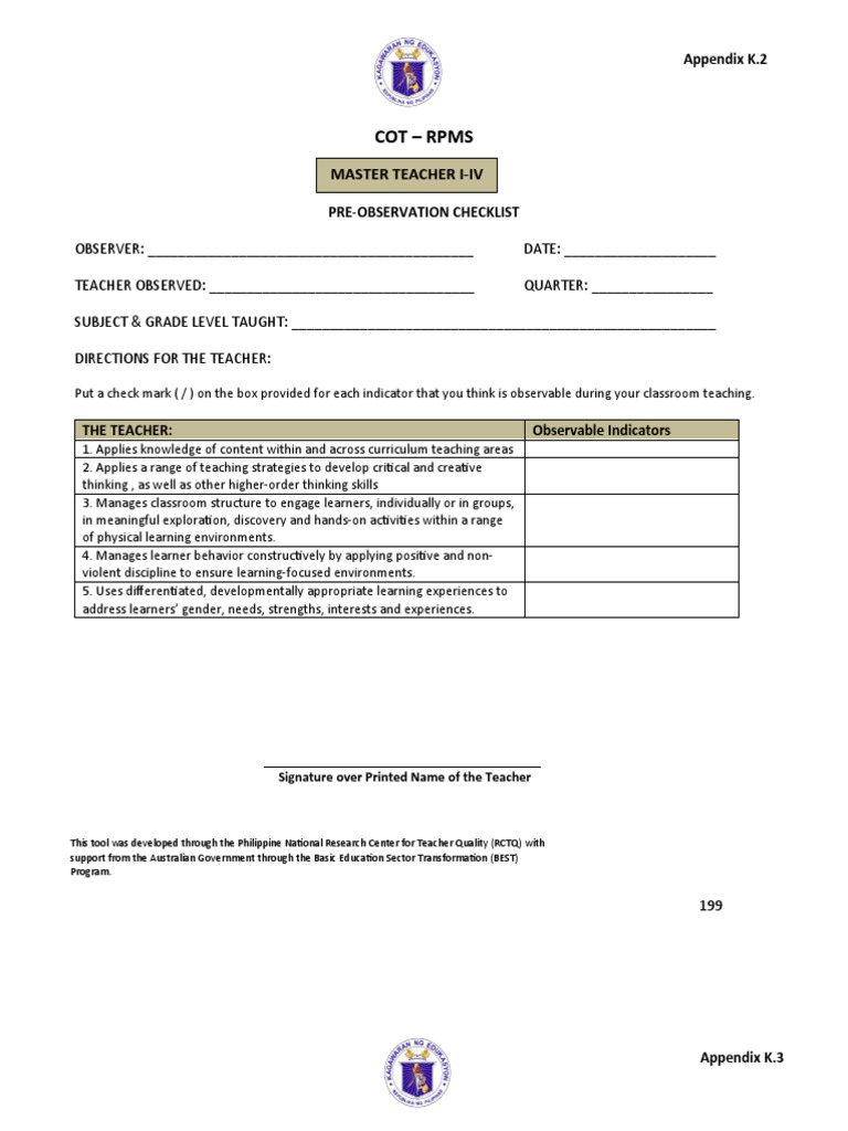 Cot - RPMS: Master Teacher I-Iv | PDF | Curriculum | Learning