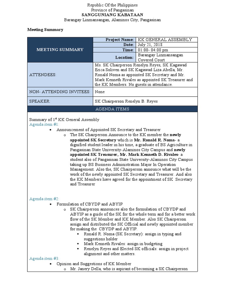KK Assembly Meeting Summary | Download Free PDF | Government