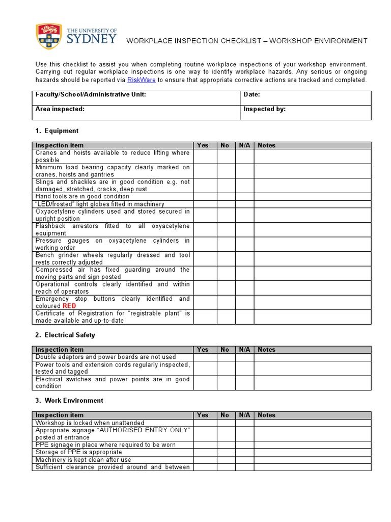 Workshop Safety Inspection Checklist | PDF | Personal Protective ...