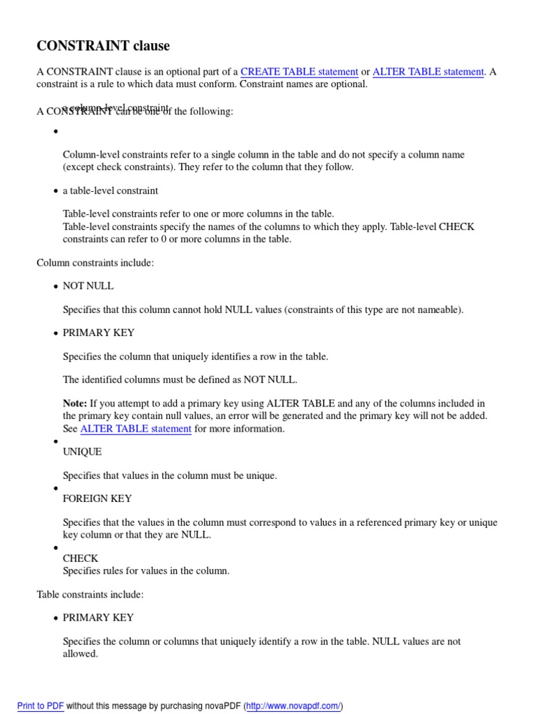 CONSTRAINT Clause PDF | PDF | Relational Database | Database Index