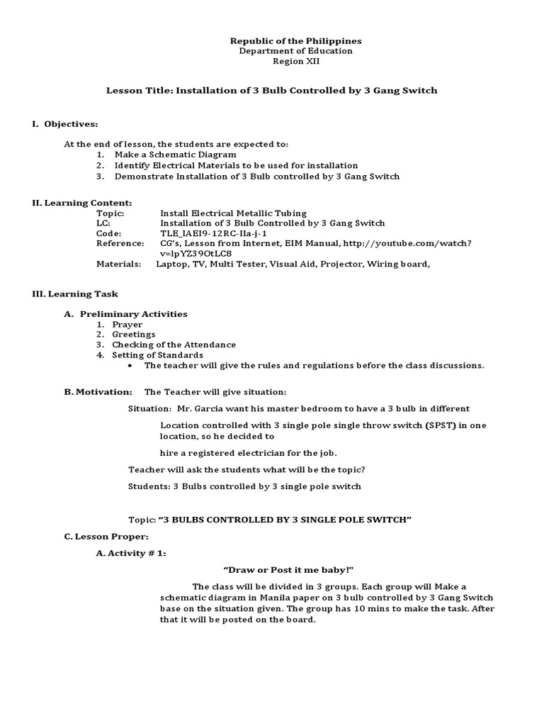 Lesson Title: Installation of 3 Bulb Controlled by 3 Gang Switch | PDF ...