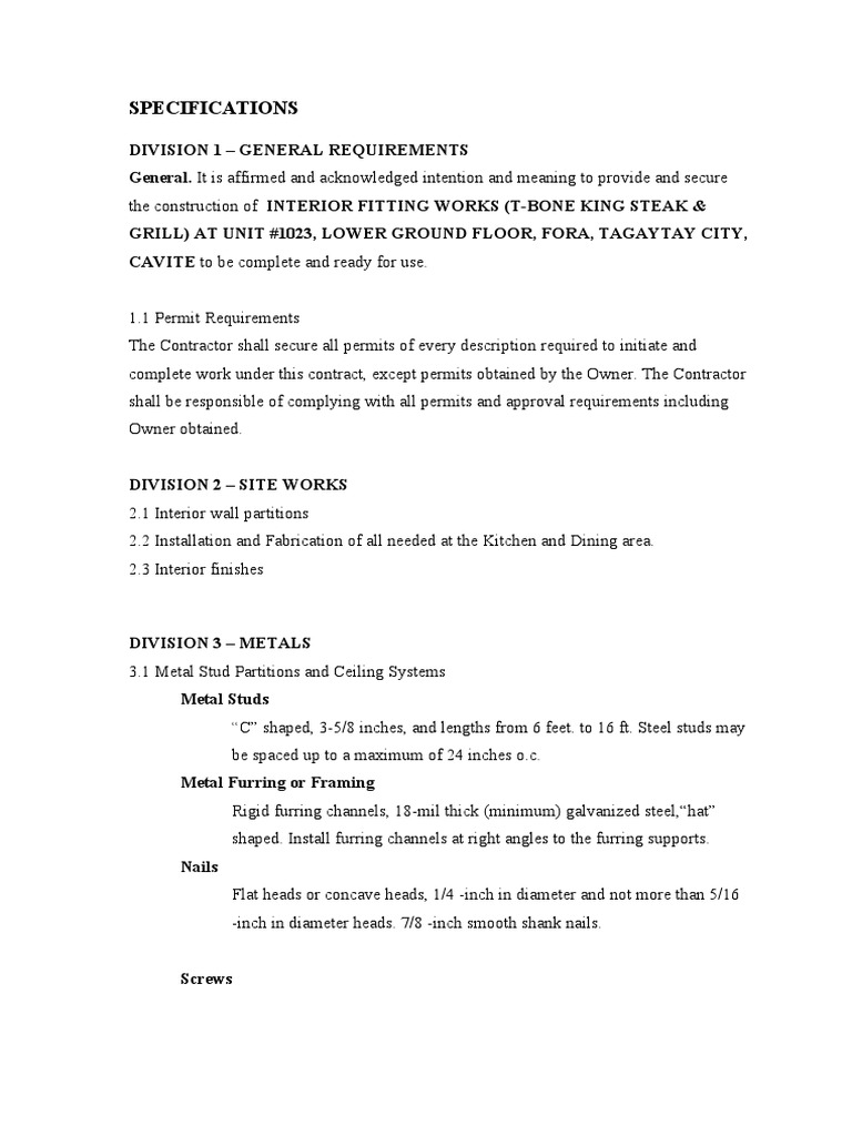 Specification | PDF | Drywall | Framing (Construction)