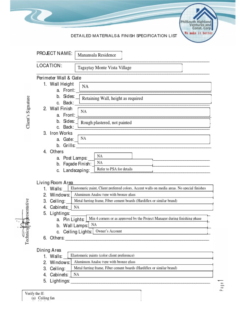 Detailed Materials & Finish Specification List | PDF | Tile | Wall
