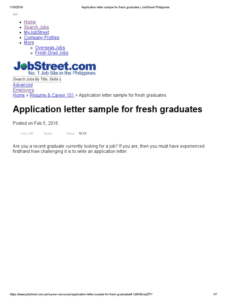 Application Letter Sample For Fresh Graduates - JobStreet Philippines ...