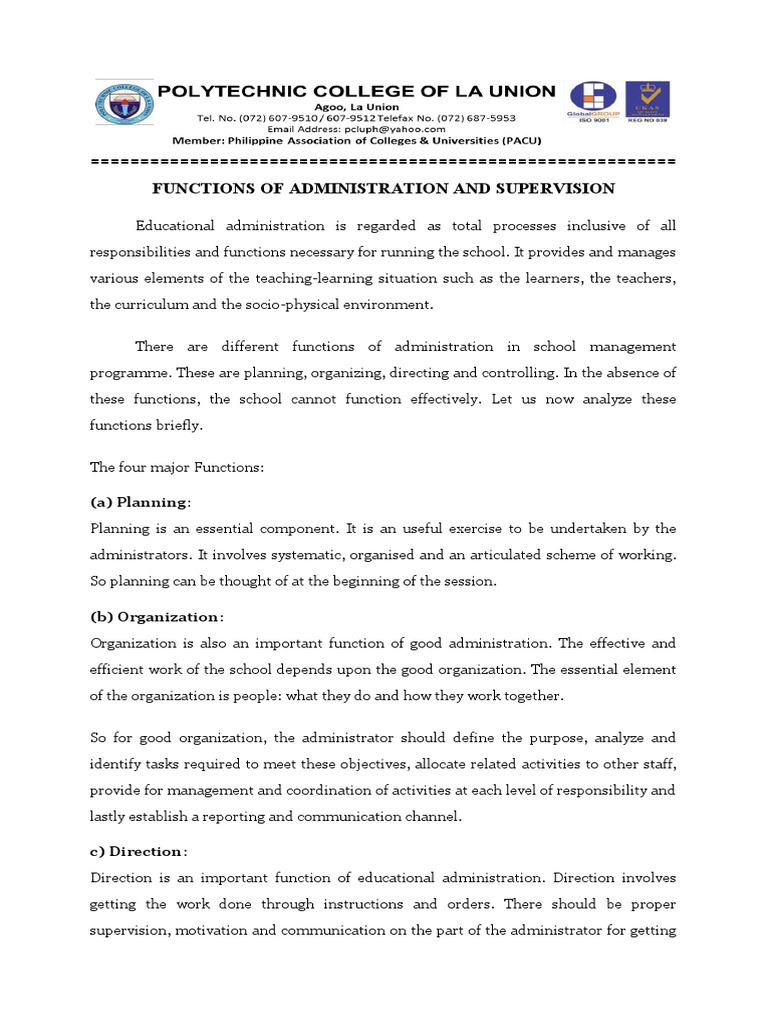 Functions of Administration and Supervision | PDF | Resource | Teachers