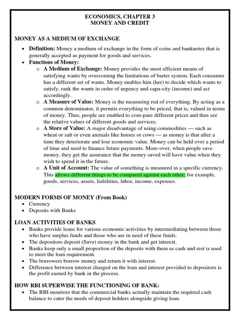Economics, Chapter 3 Money and Credit | PDF | Money | Medium Of Exchange