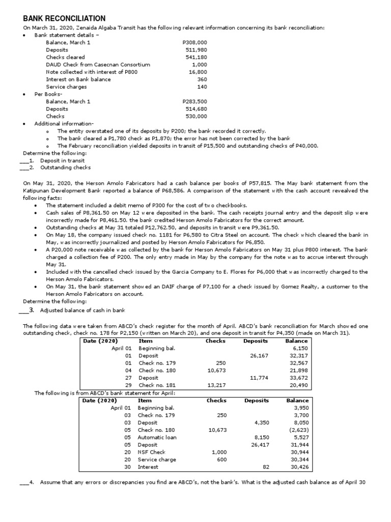 Bank Reconciliation: Date (2020) Item Checks Deposits Balance | PDF ...