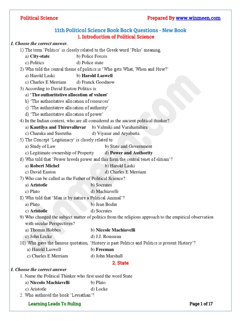 11th Political Science Book Back Questions - New Book: I. Choose The ...