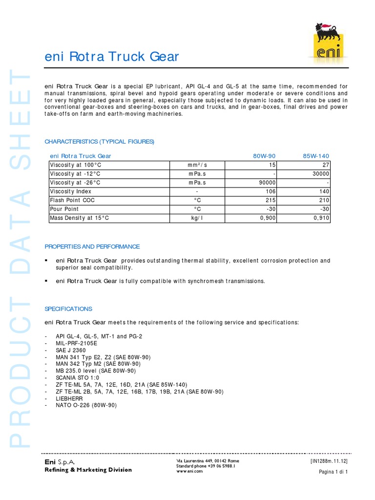 Characteristics (Typical Figures) Eni Rotra Truck Gear 80W-90 85W-140 | PDF | Gear ...