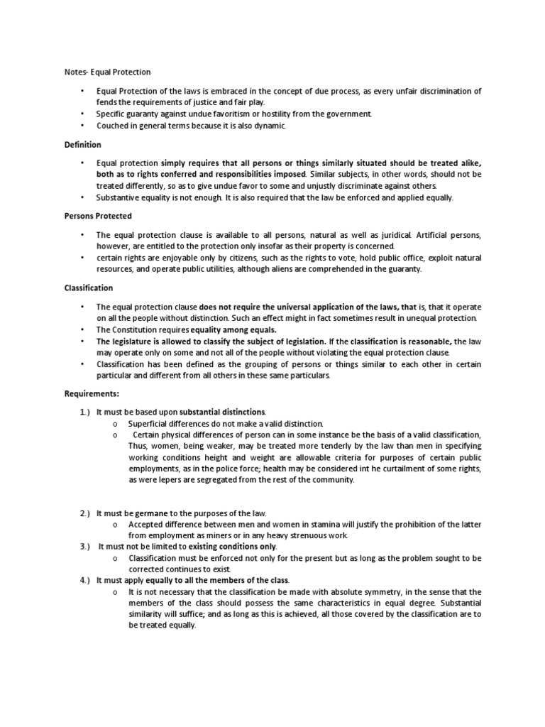 Notes - Equal Protection | PDF | Defamation | First Amendment To The ...