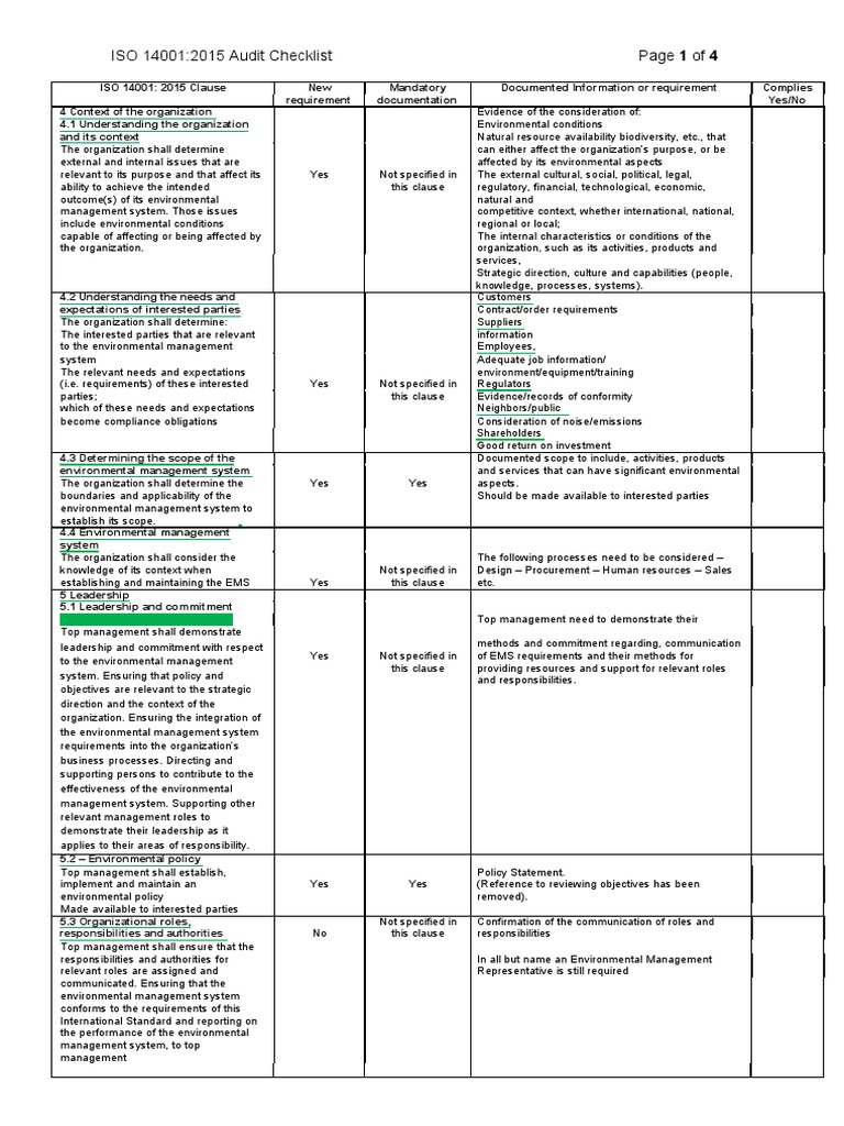 ISO 14001:2015 Audit Checklist Page 1 of 4 | PDF | Environmental Resource Management | Audit