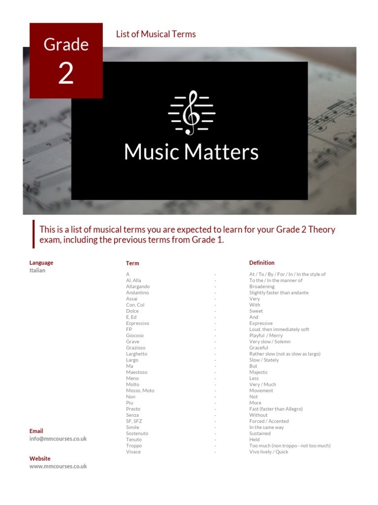 Grade 2 Musical Terms: A Concise List of Key Italian Musical Terms and ...