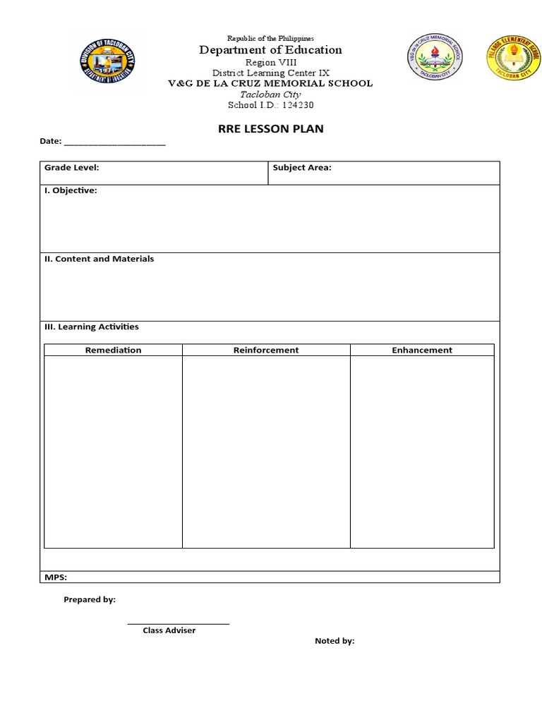 RRE Lesson Plan Template for V&G DE LA CRUZ Memorial School | PDF