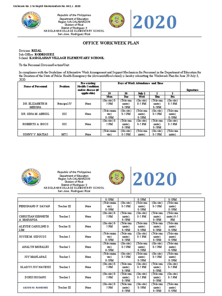Office Workweek Plan: Kasiglahan Village Elementary School San Jose ...