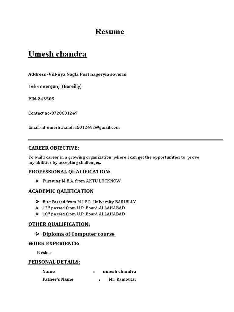 Resume Umesh Chandra: Teh-Meerganj (Bareilly) | PDF | Sports & Recreation