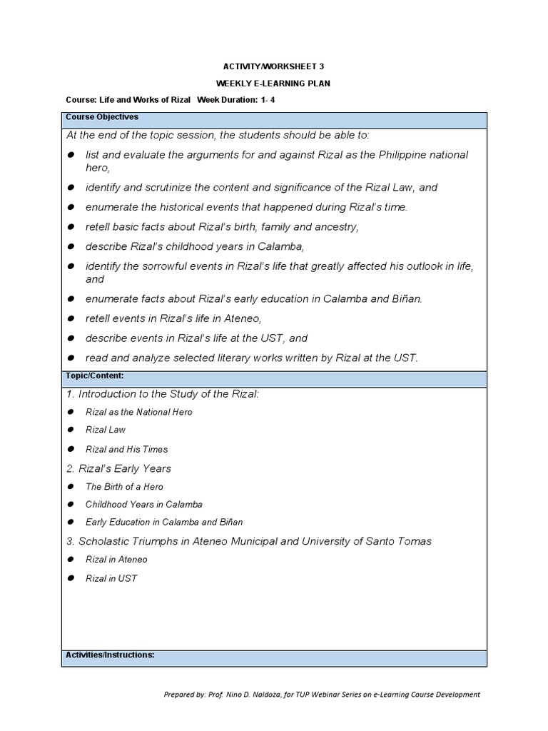 Rizals Life Sample Learning Plan | PDF | Educational Technology | Poetry