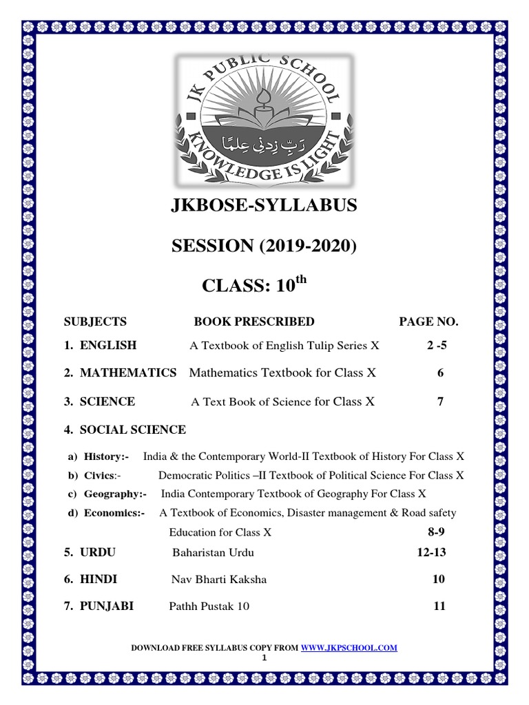 Jkbose-Syllabus SESSION (2019-2020) CLASS: 10: Mathematics Textbook For ...