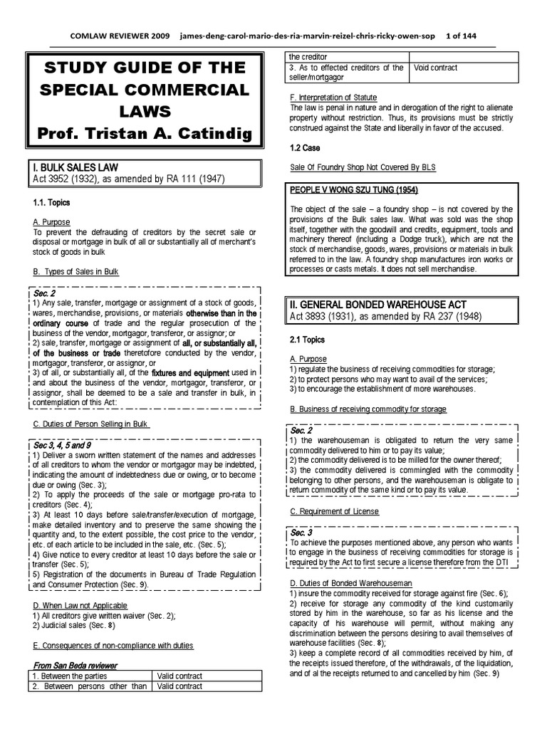 Study Guide of The Special Commercial Laws Prof. Tristan A. Catindig ...