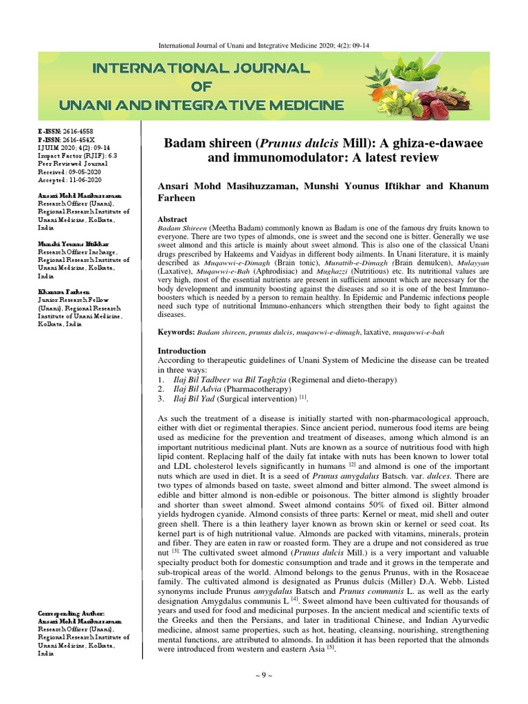 Badam Shireen (Prunus Dulcis Mill) : A Ghiza-E-Dawaee and ...
