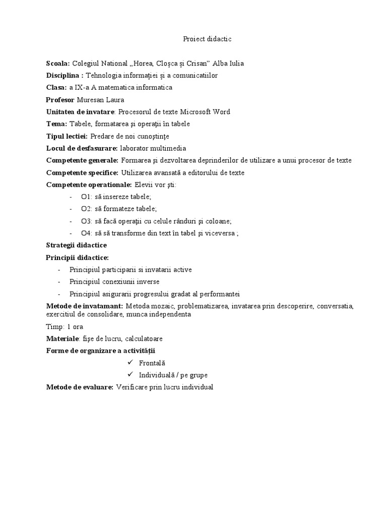 Proiect Didactic Tabele in Microsoft Word | PDF