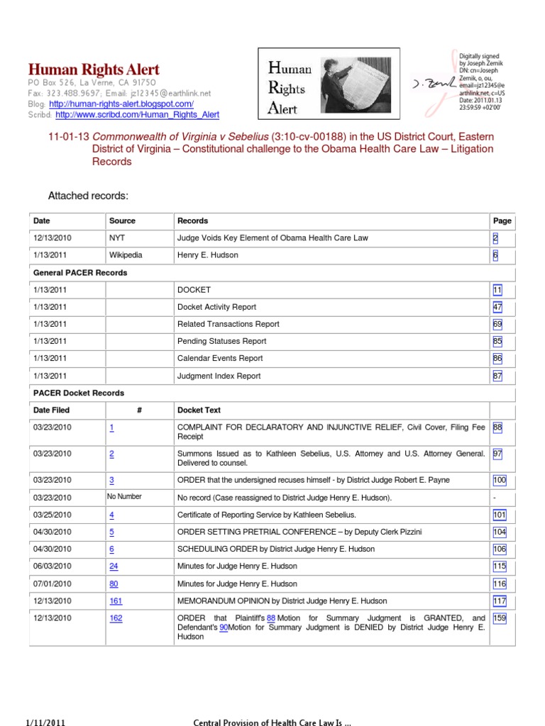 11-01-13 Commonwealth of Virginia V Sebelius (3:10-cv-00188) in The US ...